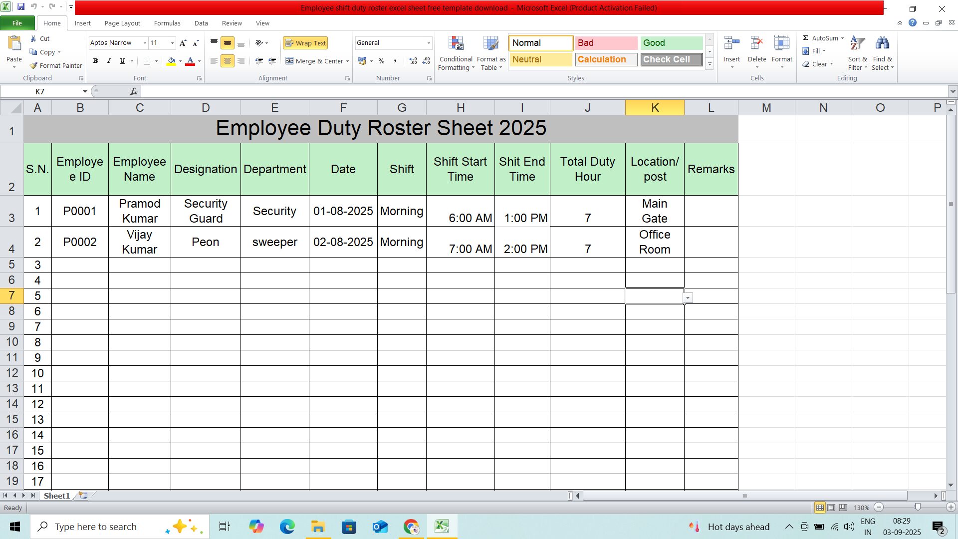 Employee shift duty roster free template download