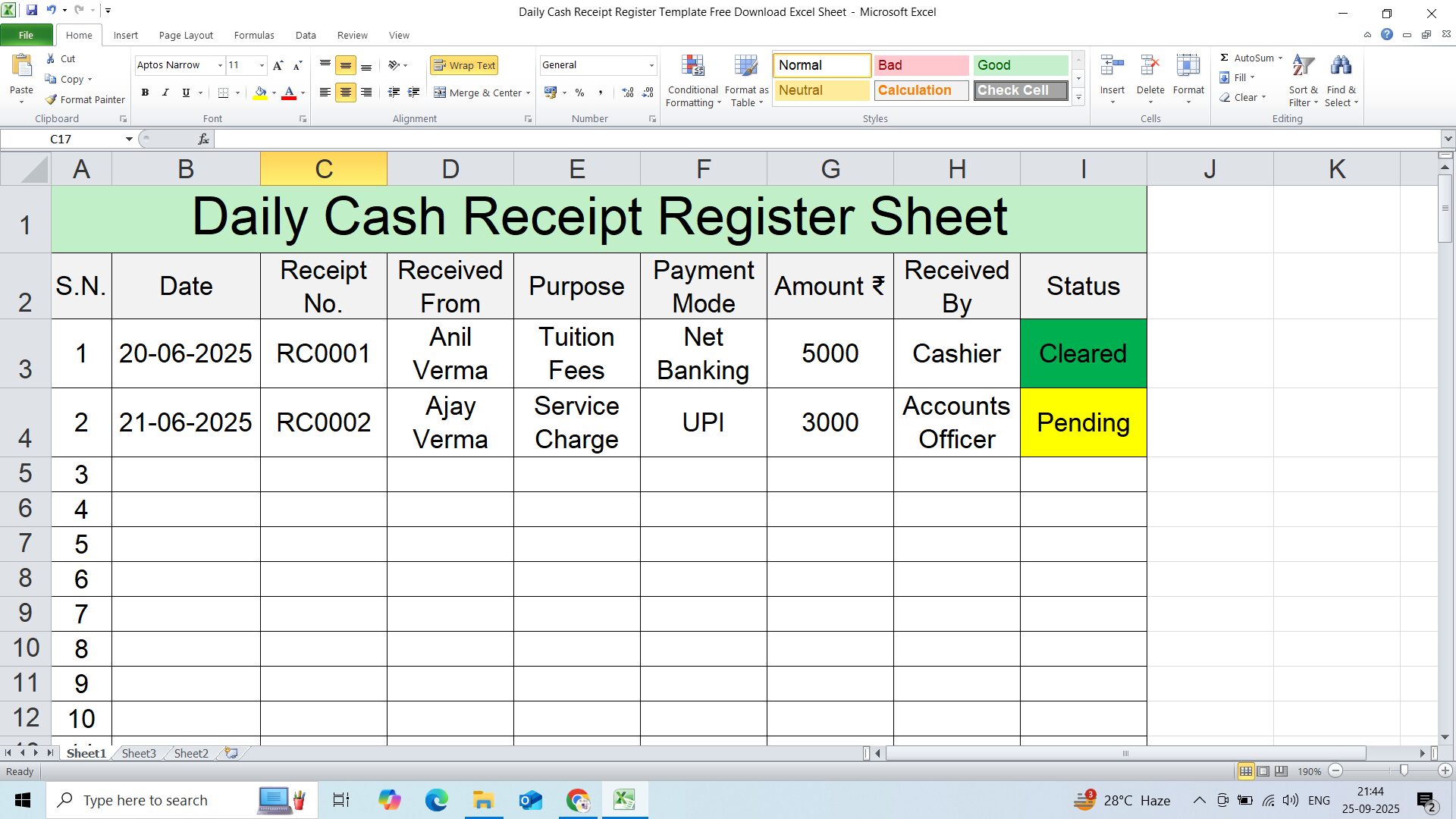 Daily Cash Receipt Register Template